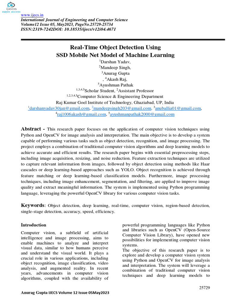 Real Time Object Detection Using Ssd Mobilenet Mod Pdf Computer Vision Deep Learning