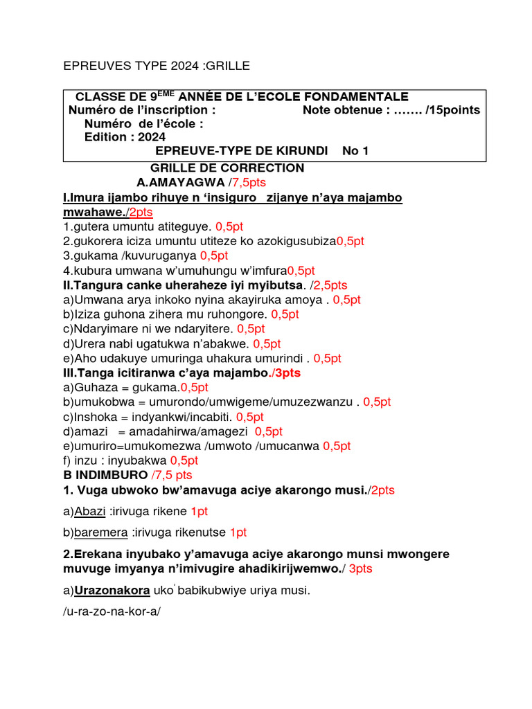 Epreuves Type 2024 Grille | PDF