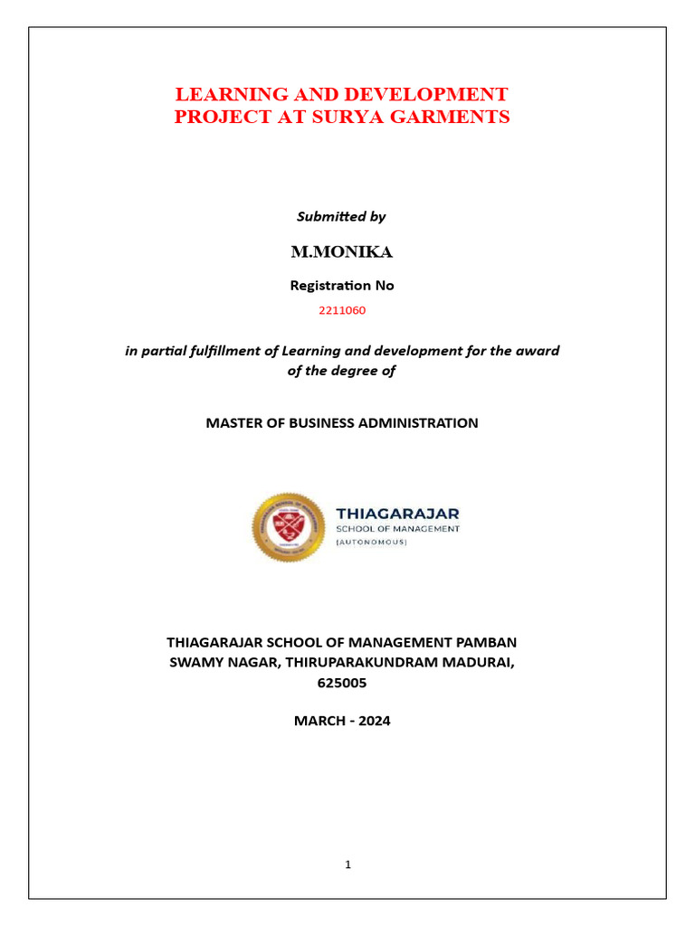 Surya Garments L&D Project Report | PDF | Fashion | Consumer Behaviour