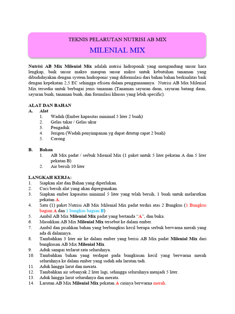 Takaran dan Cara Larut AB Mix 5L | PDF