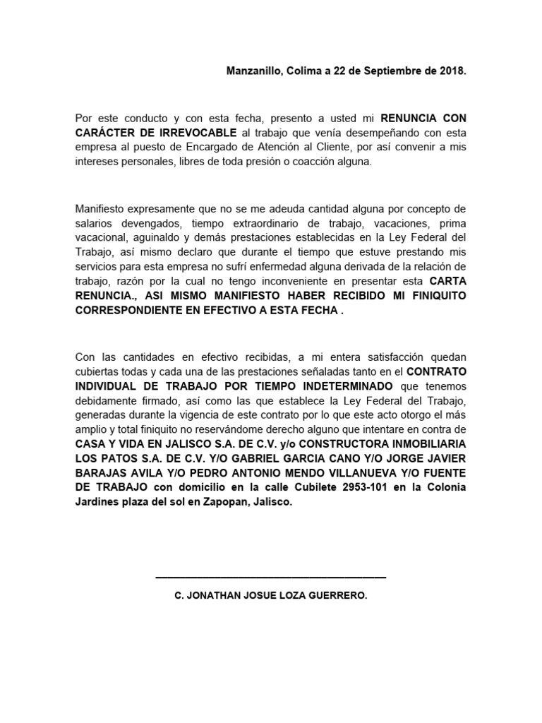 Renuncia Irrevocable de Jonathan Loza | PDF | Negocios