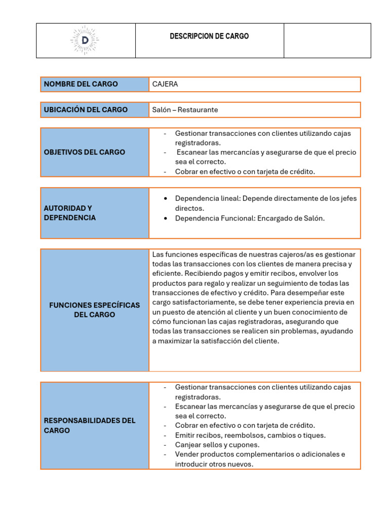Descriptor de Cargo Cajera PDF | PDF | Economias | Business