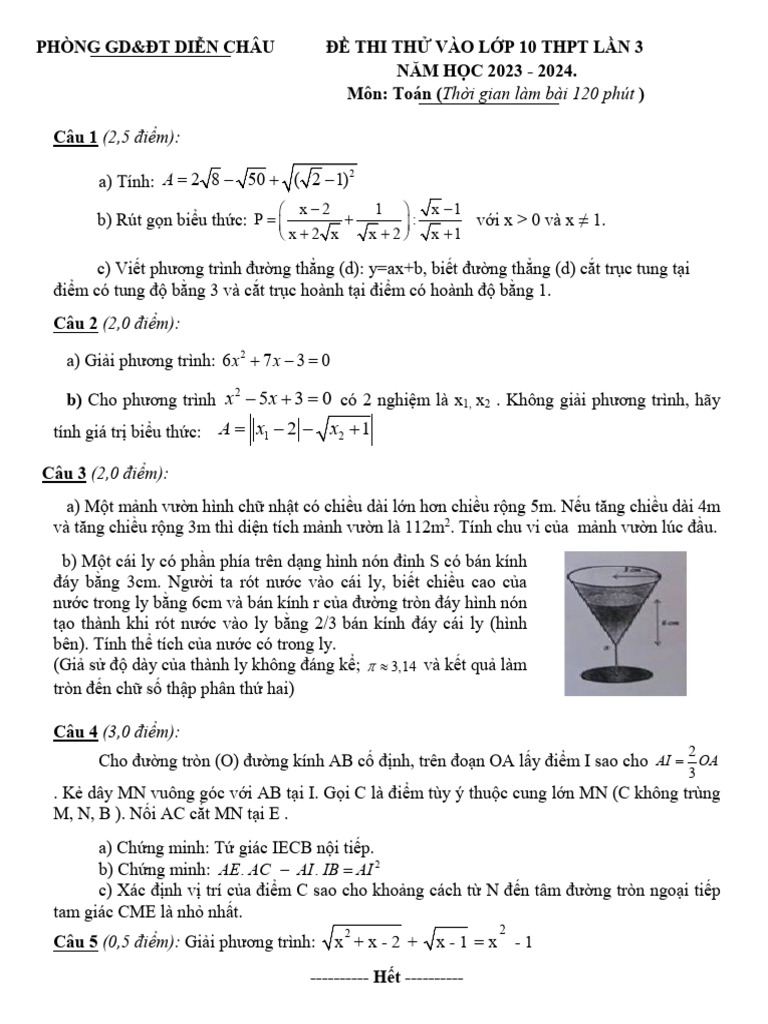 De Thi Thu Toan Vao 10 Lan 3 Nam 2023 2024 Phong GDDT Dien Chau Nghe An | PDF