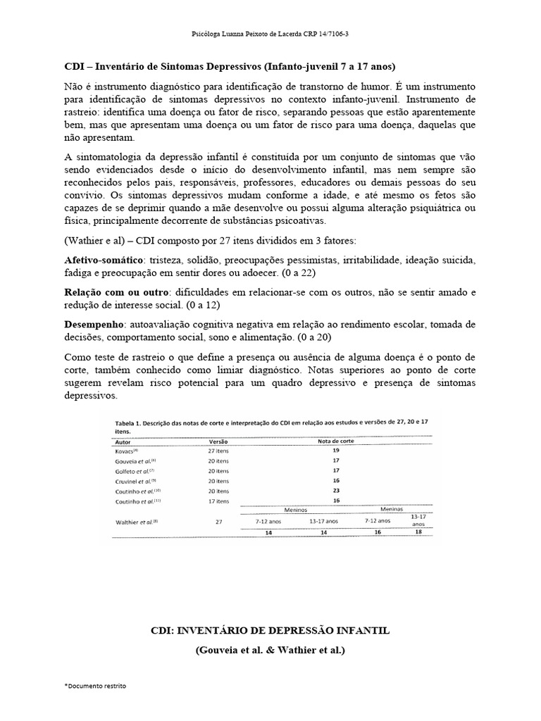 CDI - Inventário de Depressão Infantil Wathier Et Al | PDF | Depressão | Psicologia