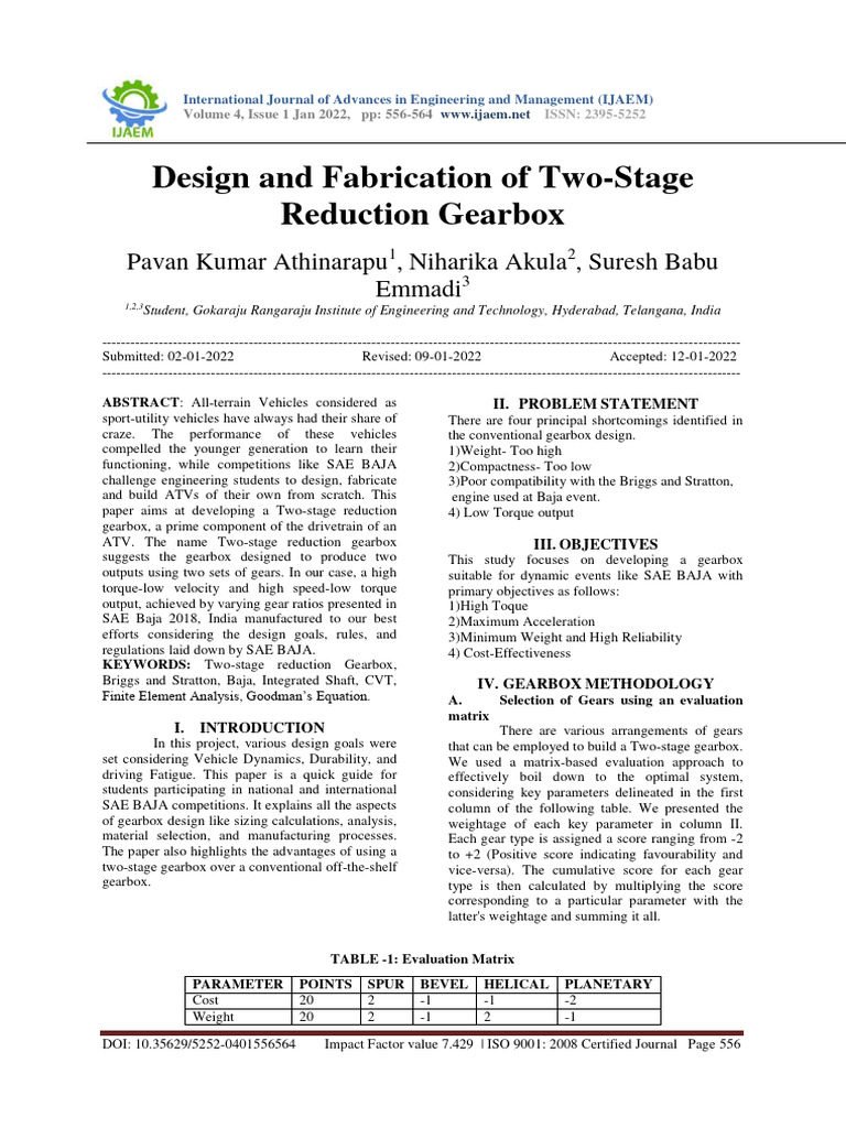 Design and Fabrication of Two Stage Reduction Gearbox | PDF | Gear ...