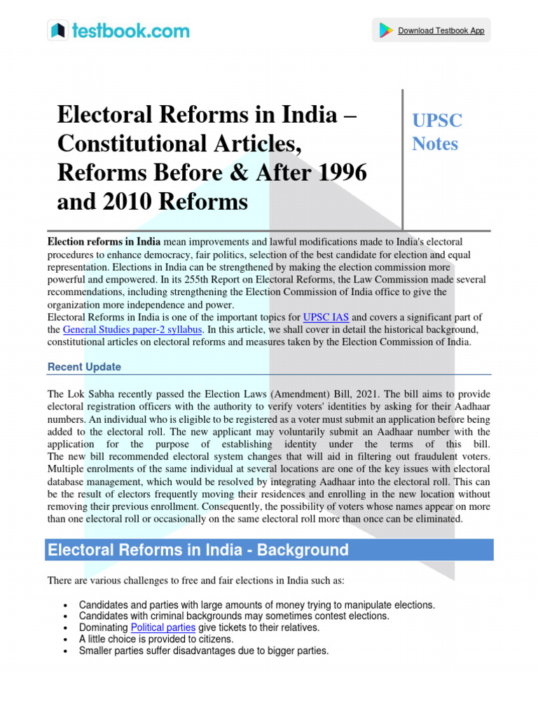 Electoral Reforms in India - Constitutional Articles Reforms Before ...