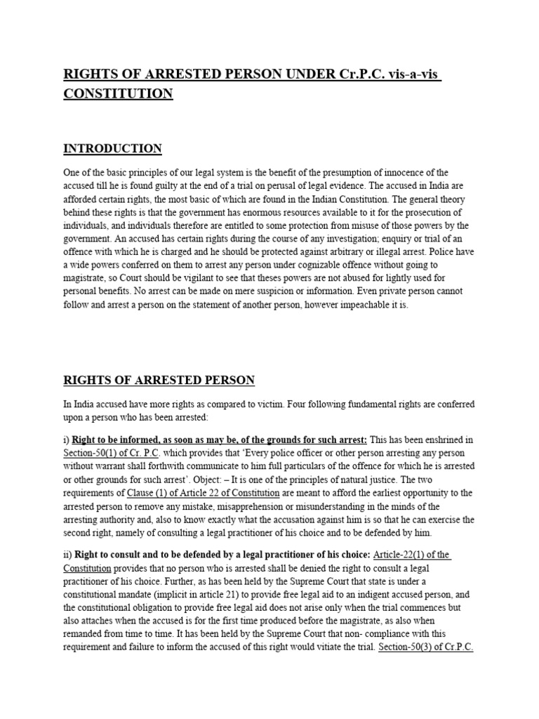 RIGHTS OF ARRESTED PERSON UNDER CRPC Vis A Vis CONSTITUTION | PDF ...
