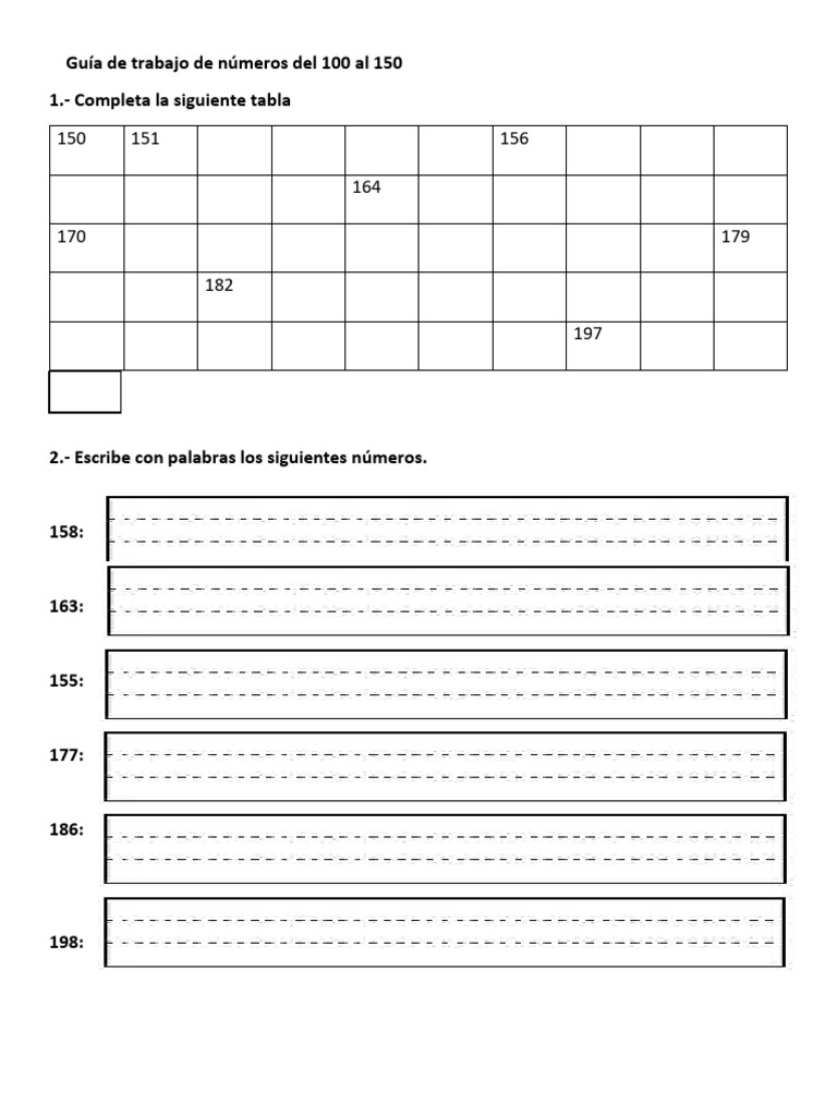 Guía de Trabajo de Números Del 150 Al 200 | PDF