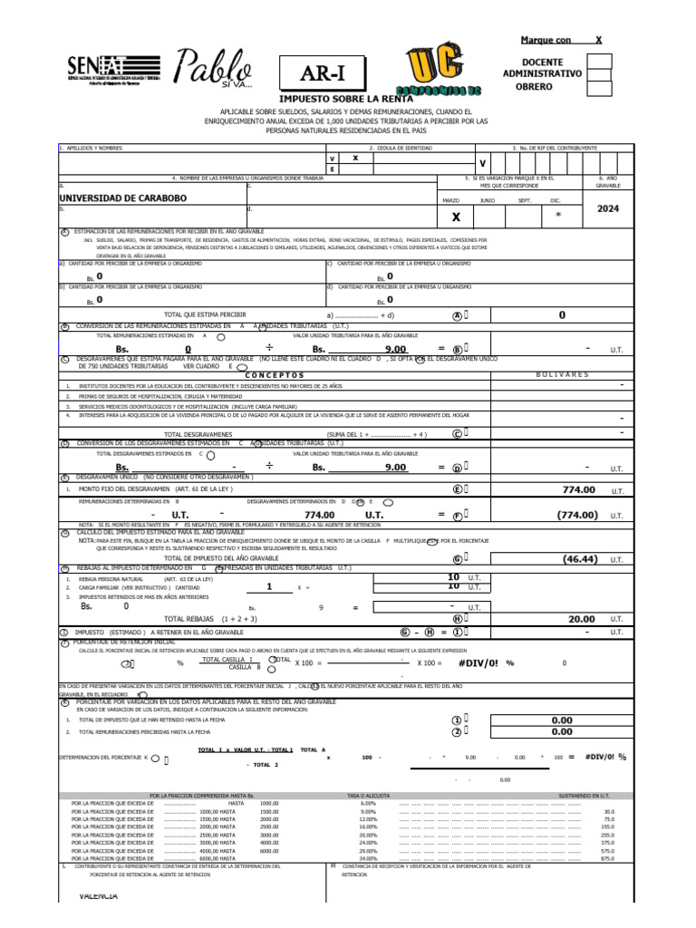 Impuesto Sobre La Renta: Marque Con X Docente Administrativo Obrero ...