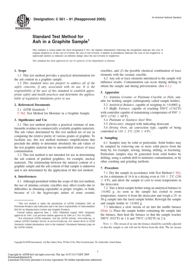Ash in A Graphite Sample: Standard Test Method For | PDF | Graphite ...