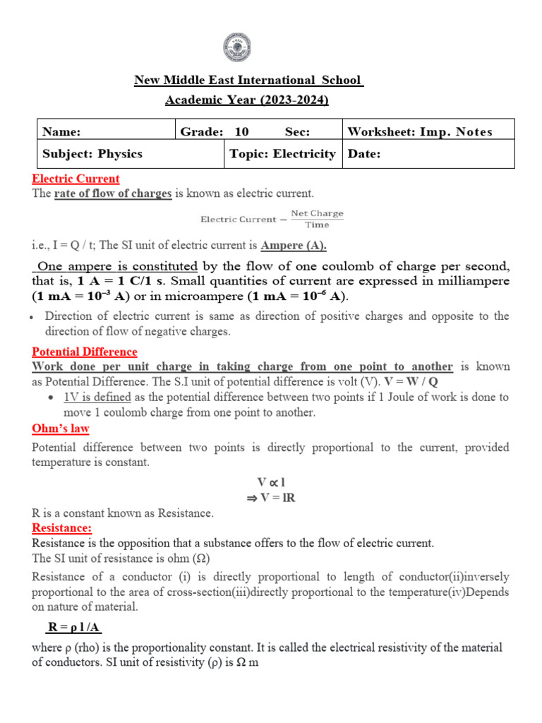 ELECTRICITY Imp Notes | Download Free PDF | Electrical Resistance And ...