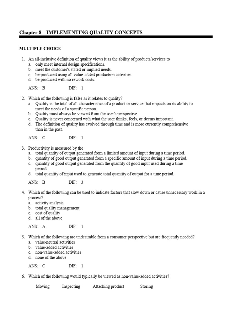 Chapter 8-IMPLEMENTING QUALITY CONCEPTS | PDF | Quality Management ...