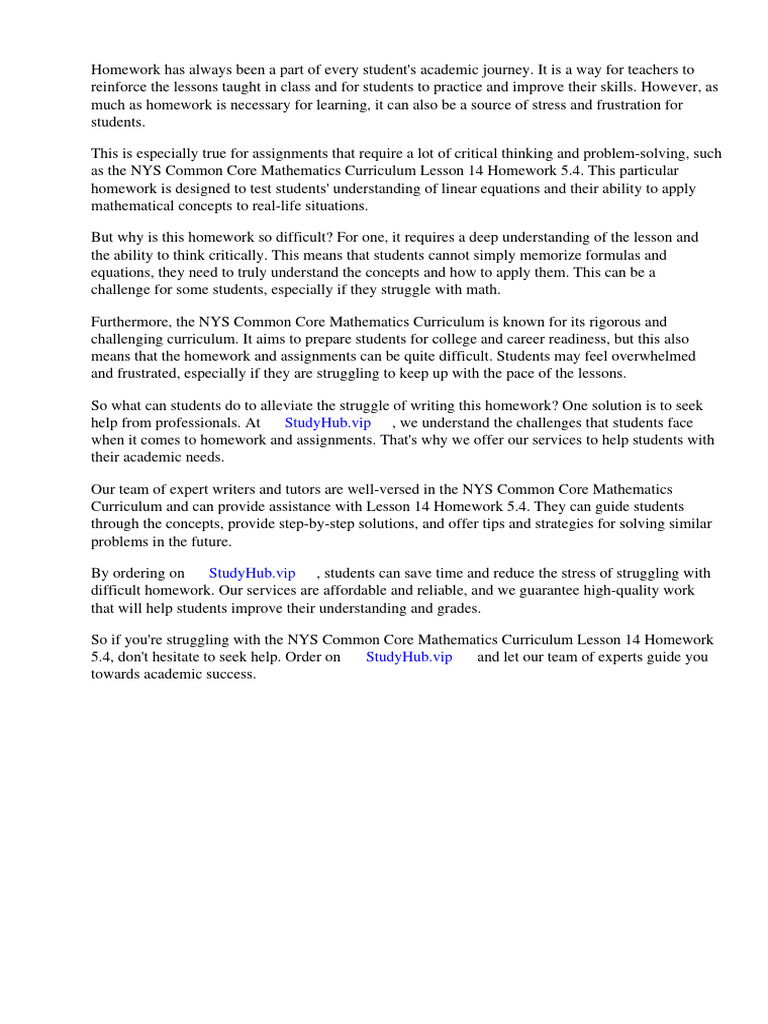 Nys Common Core Mathematics Curriculum Lesson 14 Homework 5.4 | PDF ...