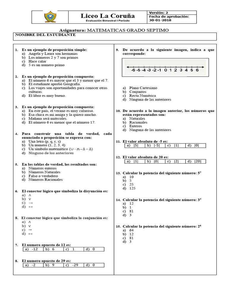 Evaluación de Matemáticas Séptimo Grado | PDF | Lógica matemática ...