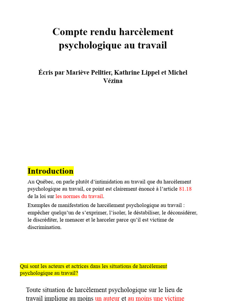 Compte Rendu Harcèlement Psychologique Au Travail | PDF | Harcèlement | Psychologie
