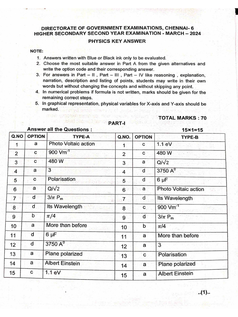 Physics Answer key | PDF