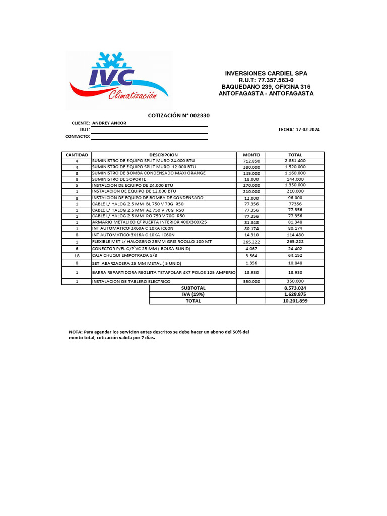 Cotizacion 002030 Andry Ancor | PDF