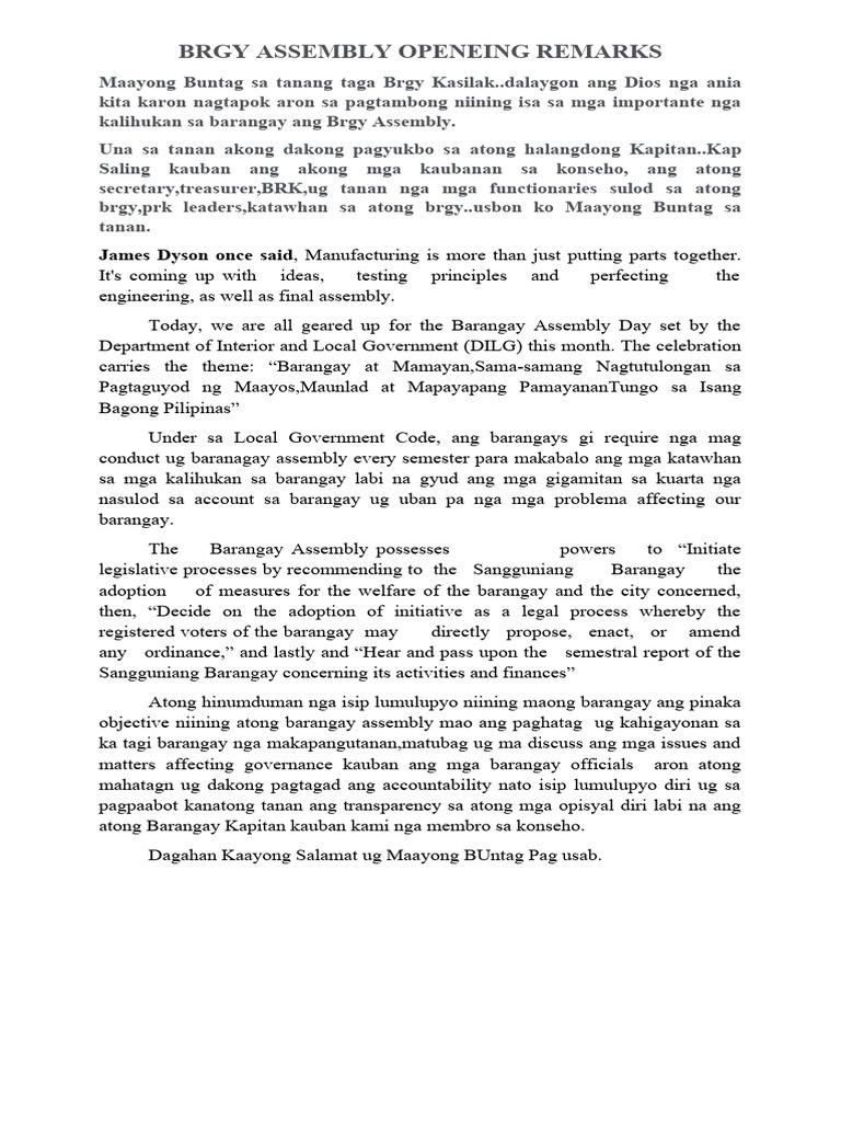 Brgy Assembly Openeing Remarks | PDF