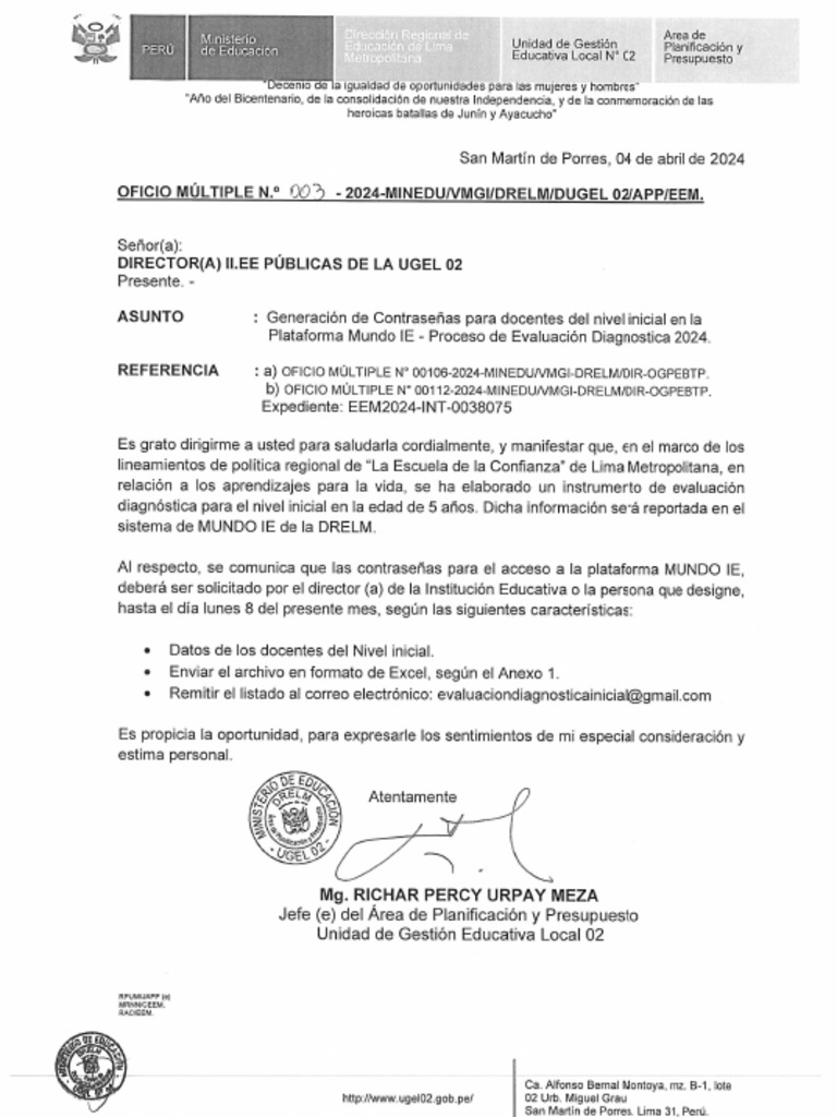 Oficio Multiple N°003-2024-Appeem Sinad 0038075-2024, Generar Contraseñas Docente de Inicial ...