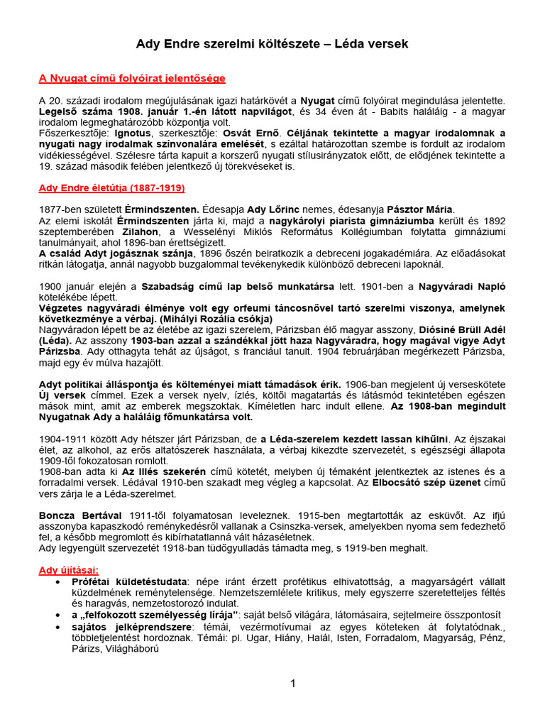 Ady Endre Szerelmi Költészete - Léda Versek | PDF