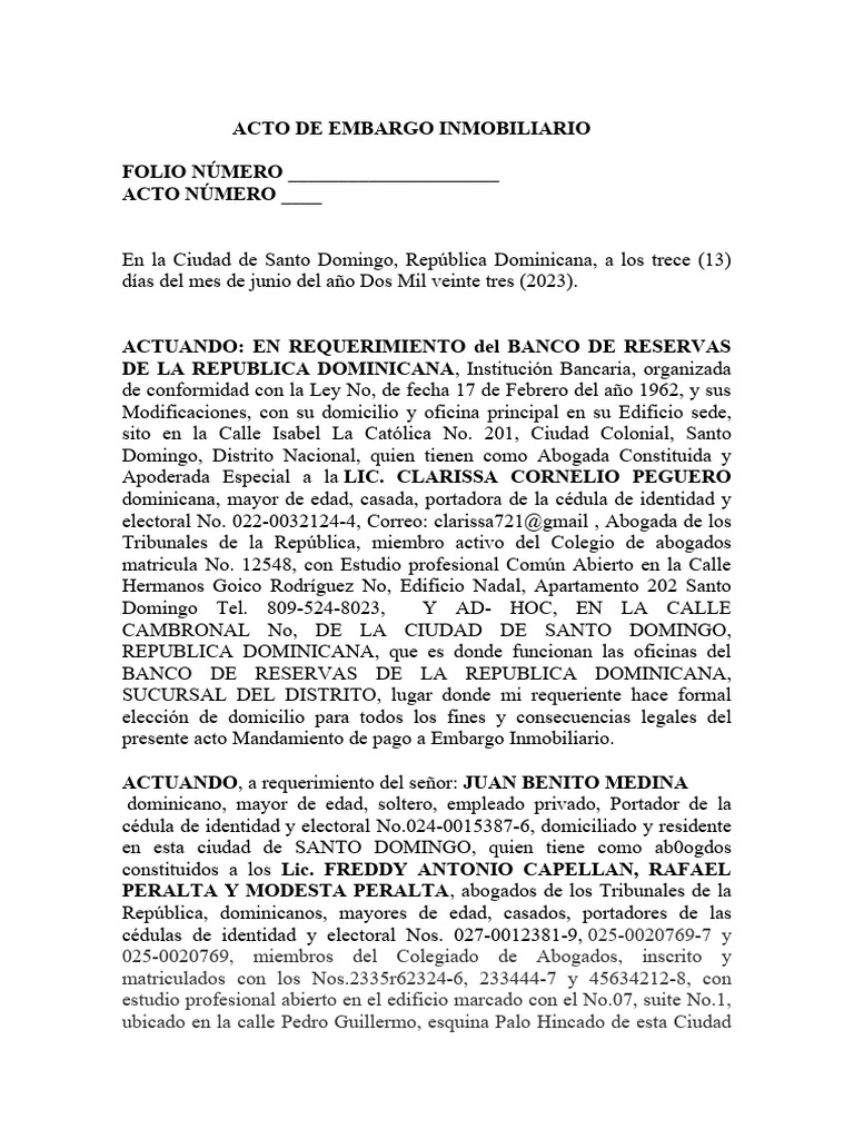 Acta de Embargo Inmobiliario | PDF | República Dominicana | Documento ...