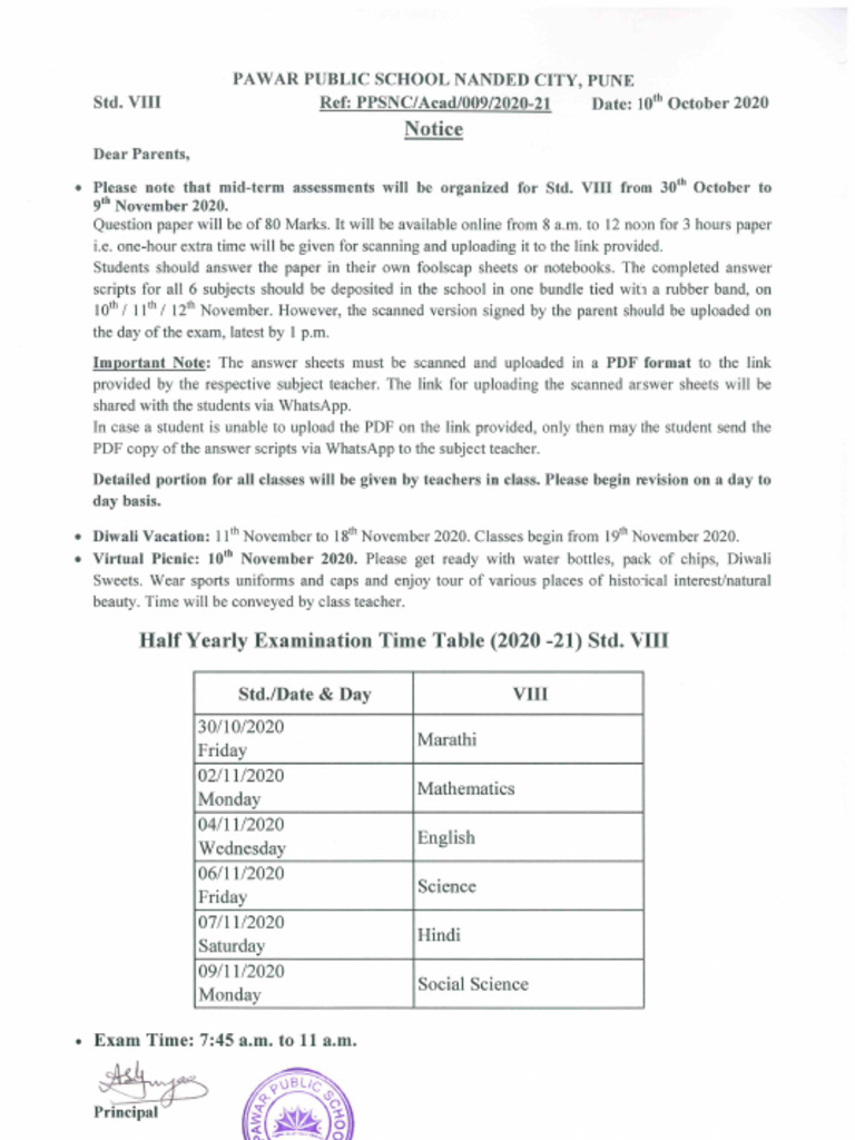 Midterm Exams Notice Std. VIII | PDF