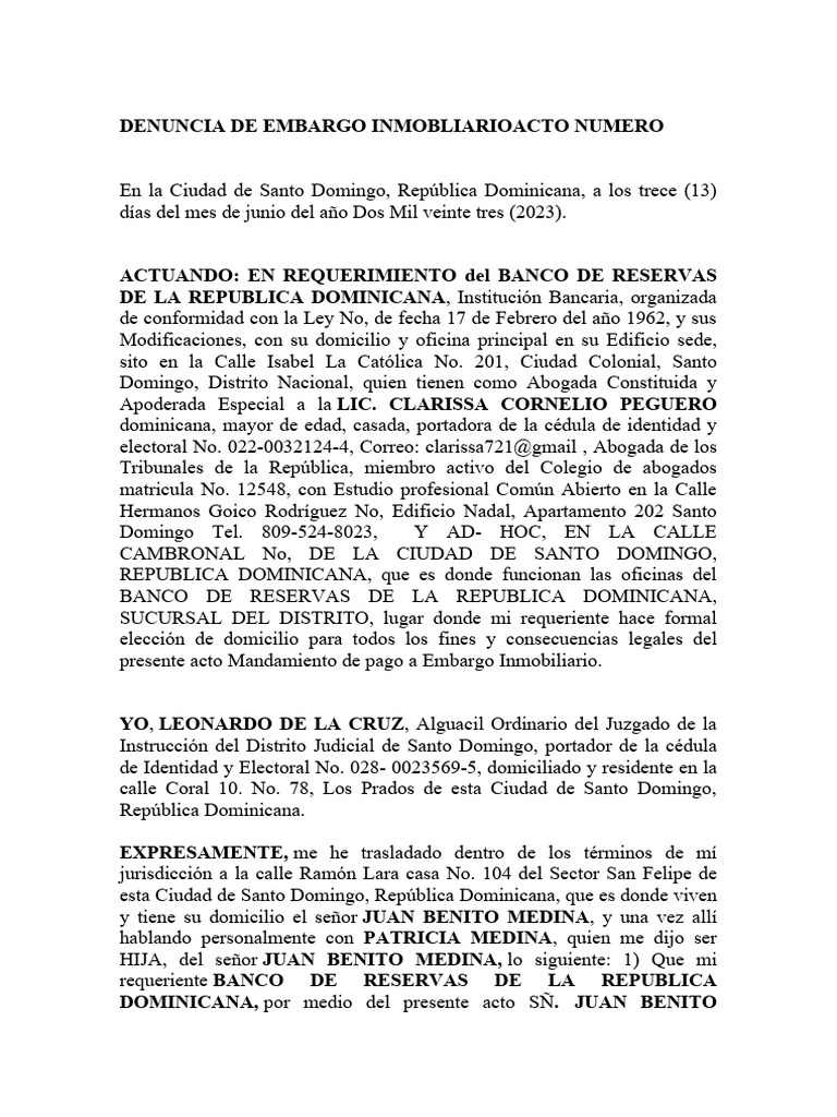 denuncia de embargo inmobiliaro | PDF | República Dominicana