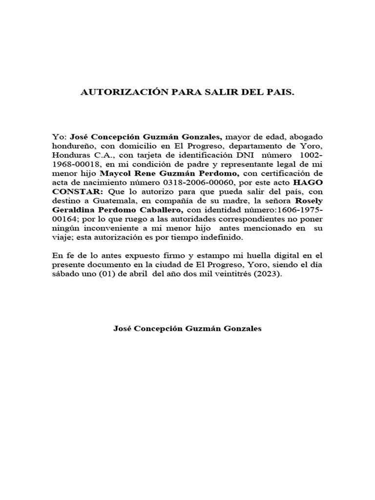 autorizacion para salir del pais 2023 guzman | PDF autorizacion para salir del pais 2023 guzman | PDF