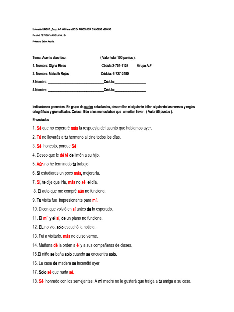 Taller Acento Diacritico. 2 | PDF | Unidades Semánticas | Relaciones ...