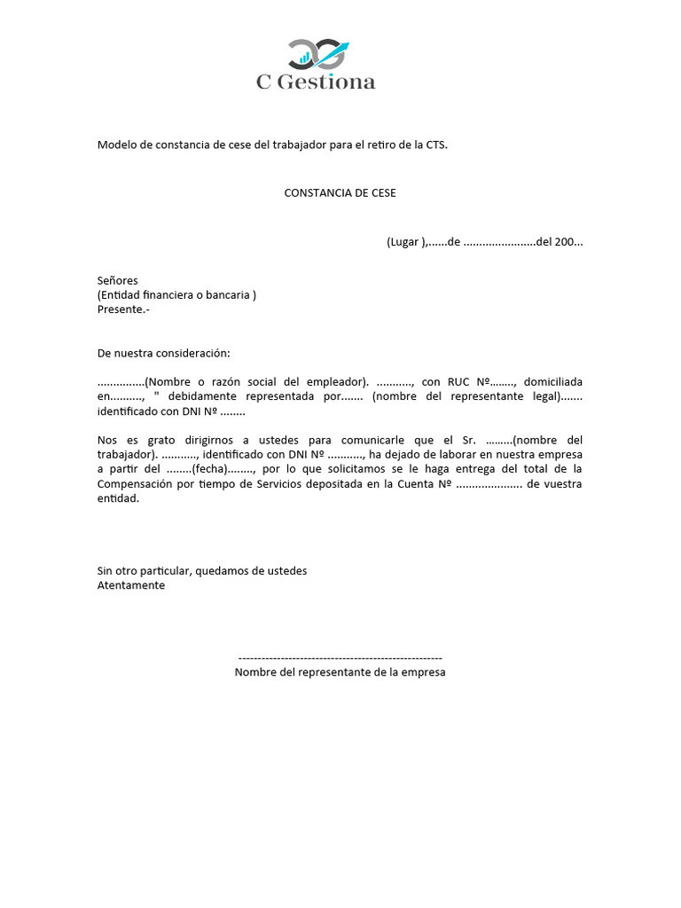Modelo de carta de cese laboral para CTS | PDF
