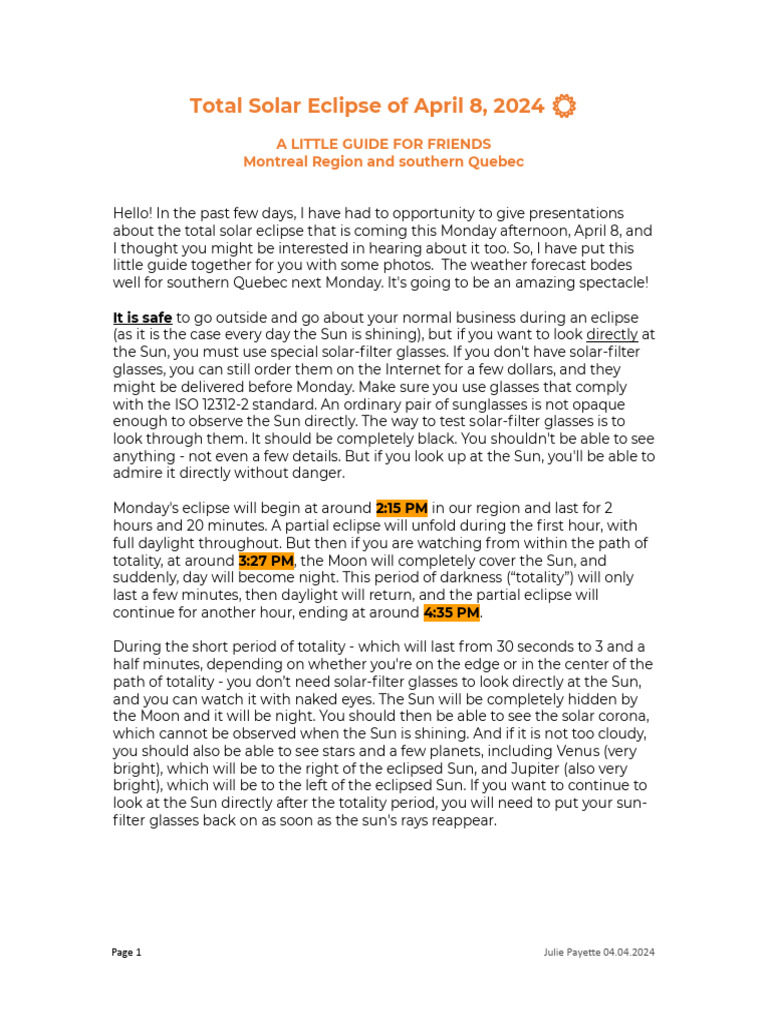 Little Guide - Total Solar Eclipse 8 April 2024 | PDF | Solar Eclipse | Sun