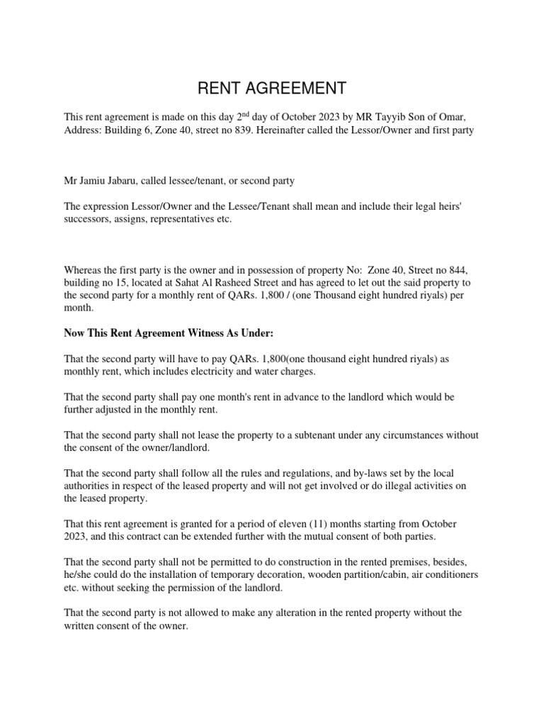 Rent Agreement Format | PDF | Lease | Landlord