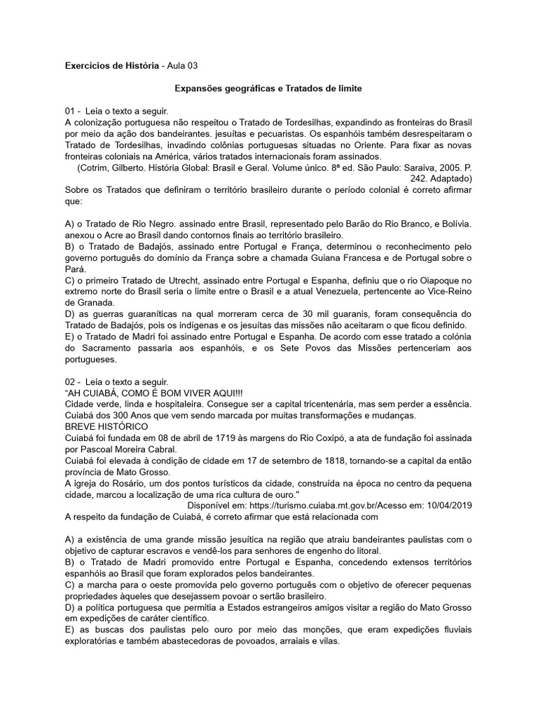 Exercícios de História - Aula 03 | PDF | Brasil | Portugal