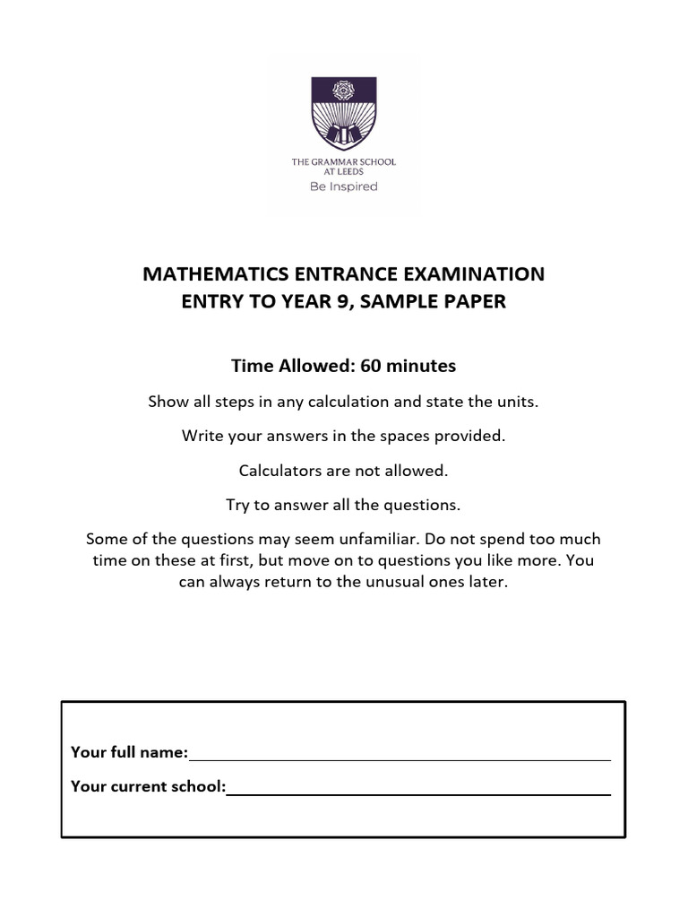 Sample Y9 Maths Paper | PDF | Elementary Mathematics | Arithmetic