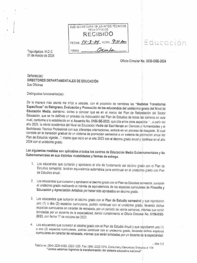 Oficio Circular 039-SDGEM-2024 Medidas Transitorias Especificas de Reingreso, Evaluación y ...