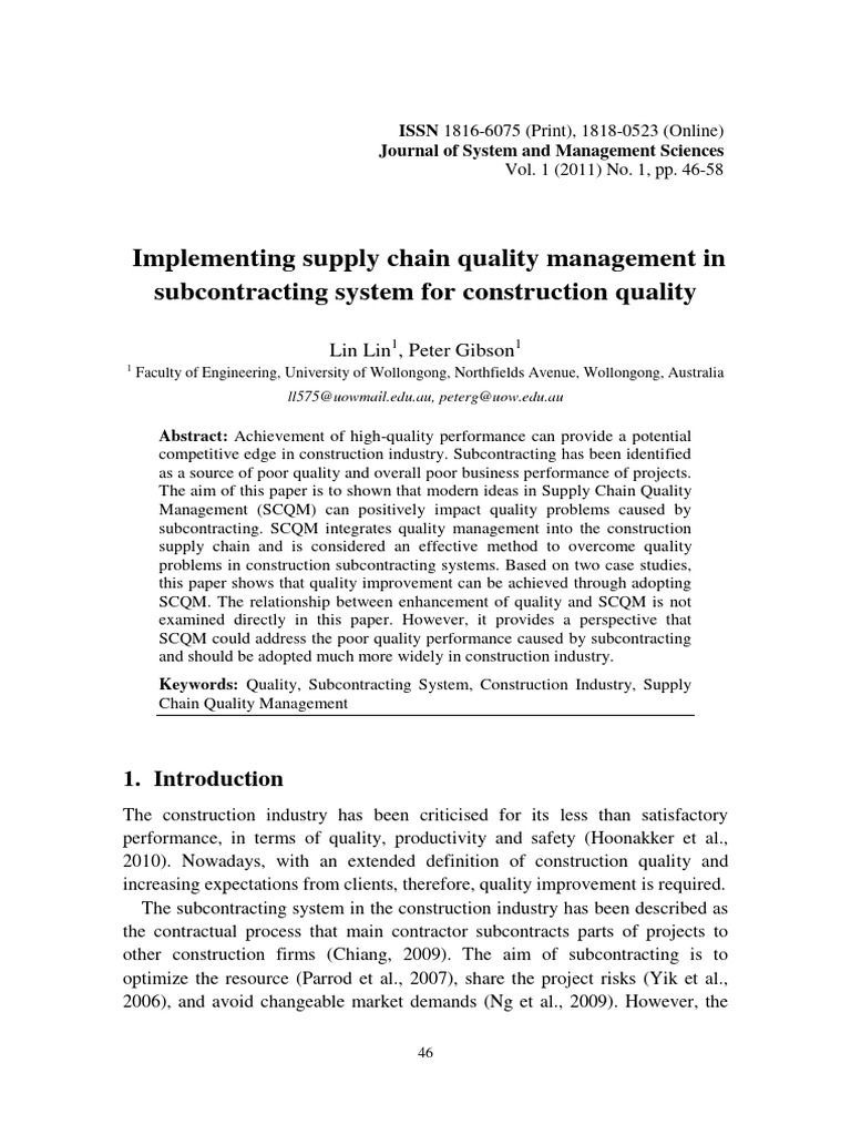 Implementing supply chain quality mgmt in subcontracting system for construction quality - 2011 ...