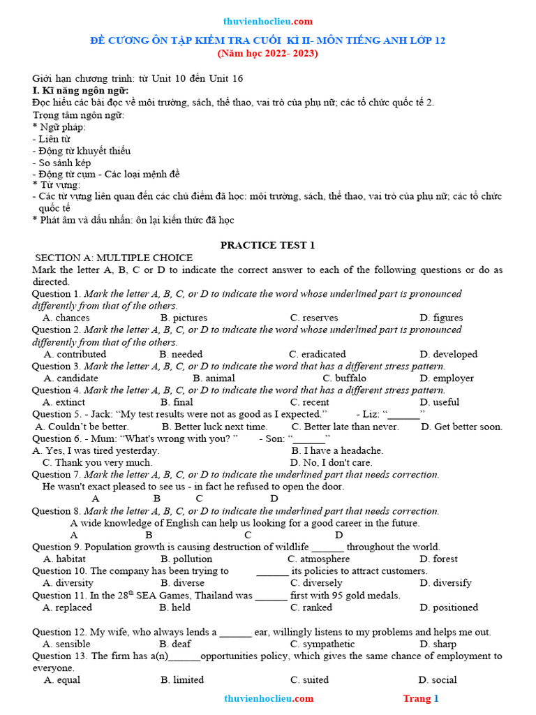 De Cuong On Tap Tieng Anh 12 HK2 Nam 22 23 | PDF | Job Satisfaction | Grizzly Bear
