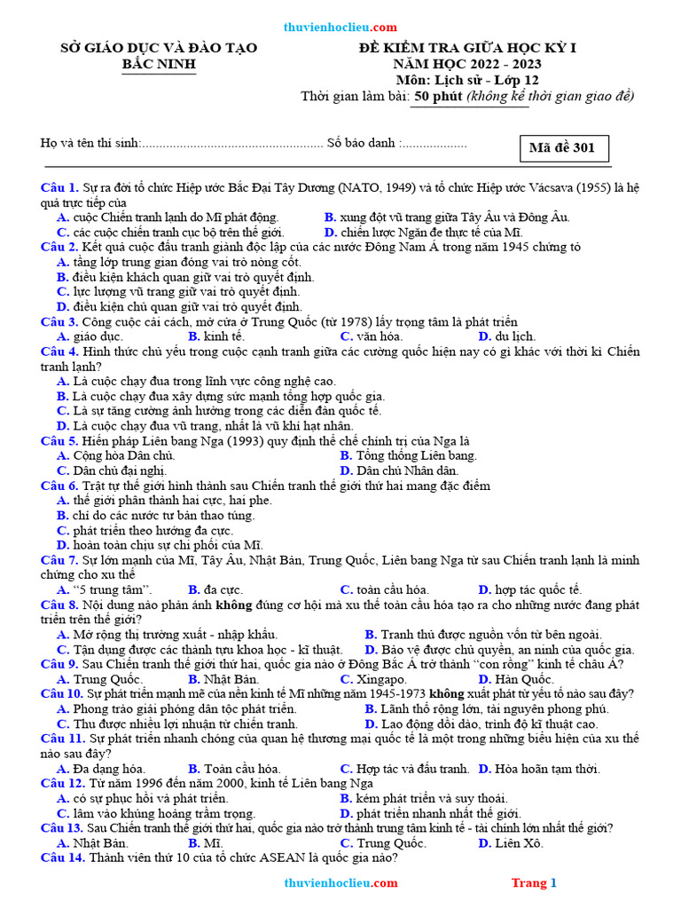 De KT Giua HK1 Lich Su 12 So GD Bac Ninh 2022 2023 | PDF