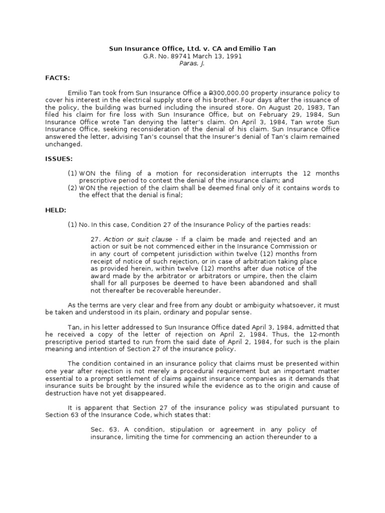 Digest of Sun Insurance Office, Ltd. v. CA (G.R. No. 89741) | PDF ...