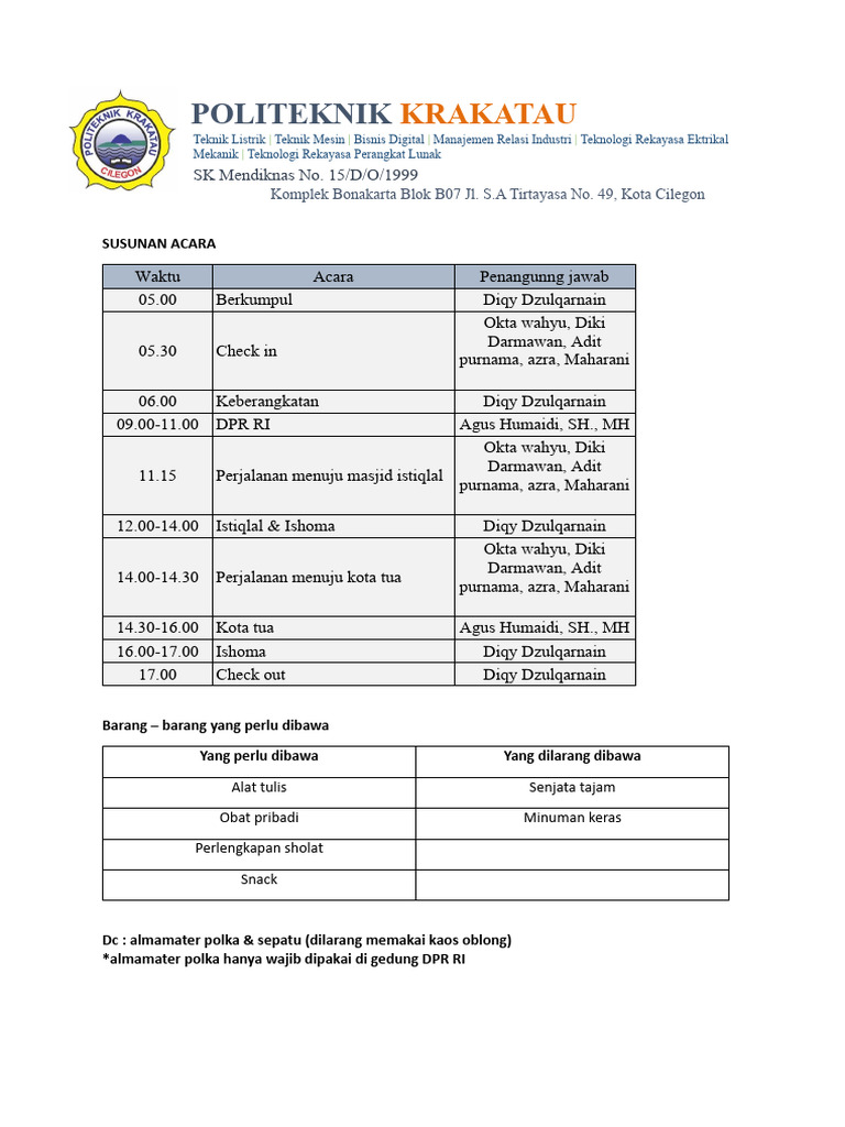Rundown acara study tour 2024 | PDF