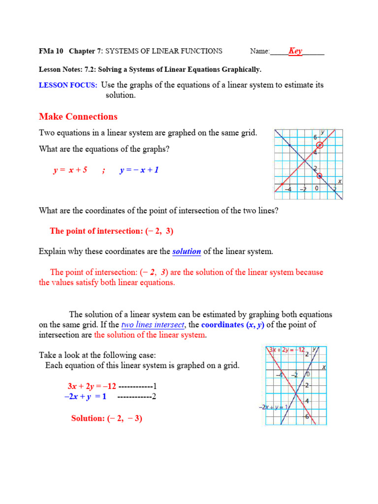 Fma 10 CH 7.2 Notes Key | PDF | System Of Linear Equations | Equations