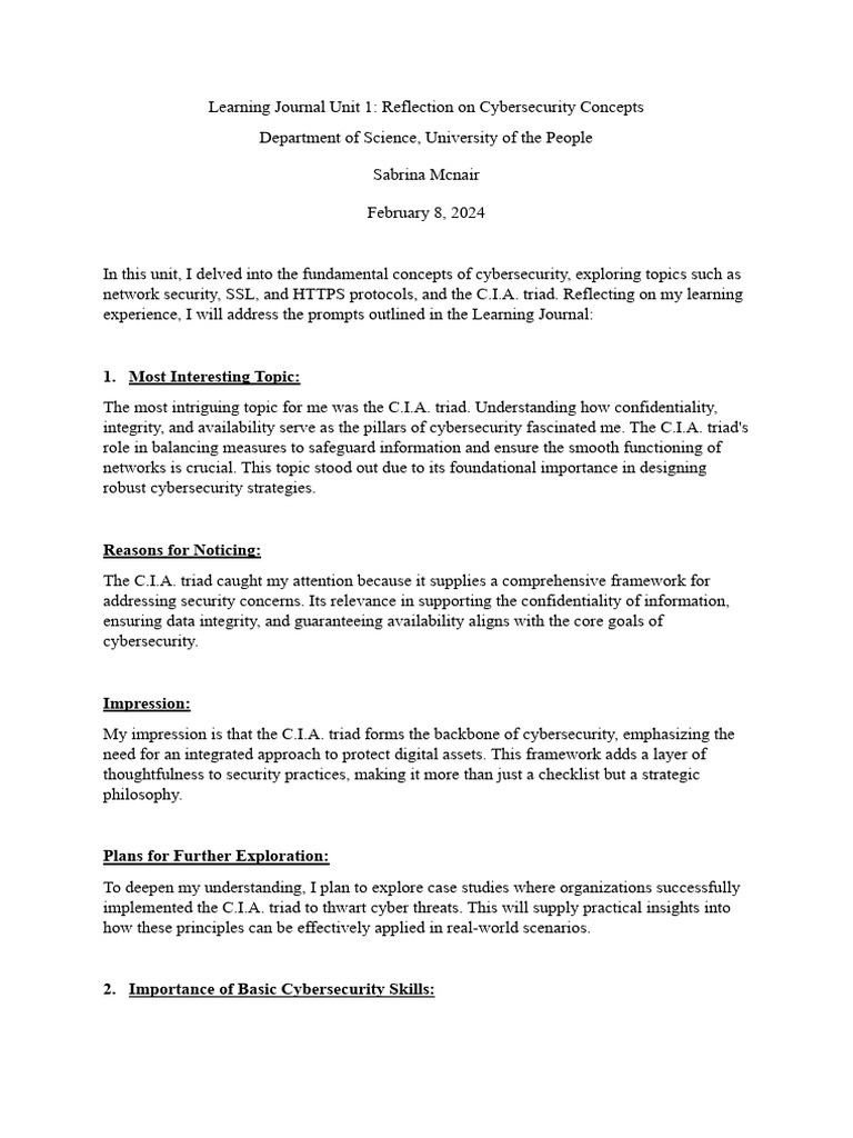 Learning Journal Unit 1 Reflection On Cybersecurity Concepts | PDF | Information Security ...