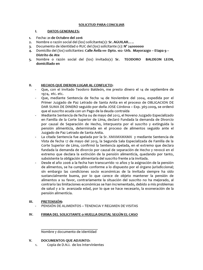 Modelo de Solicitud para Conciliar Dos Formas para Enviar | PDF | Divorcio | Pensión alimenticia