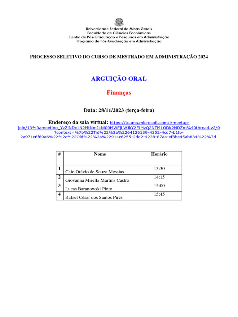 Arguição Oral Mestrado Administração 2024 | PDF | Ensino Superior ...