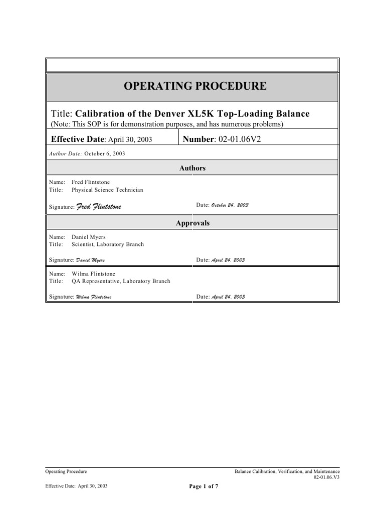 Myers SOP Example - Balance Verification | PDF | Calibration | Verification And Validation