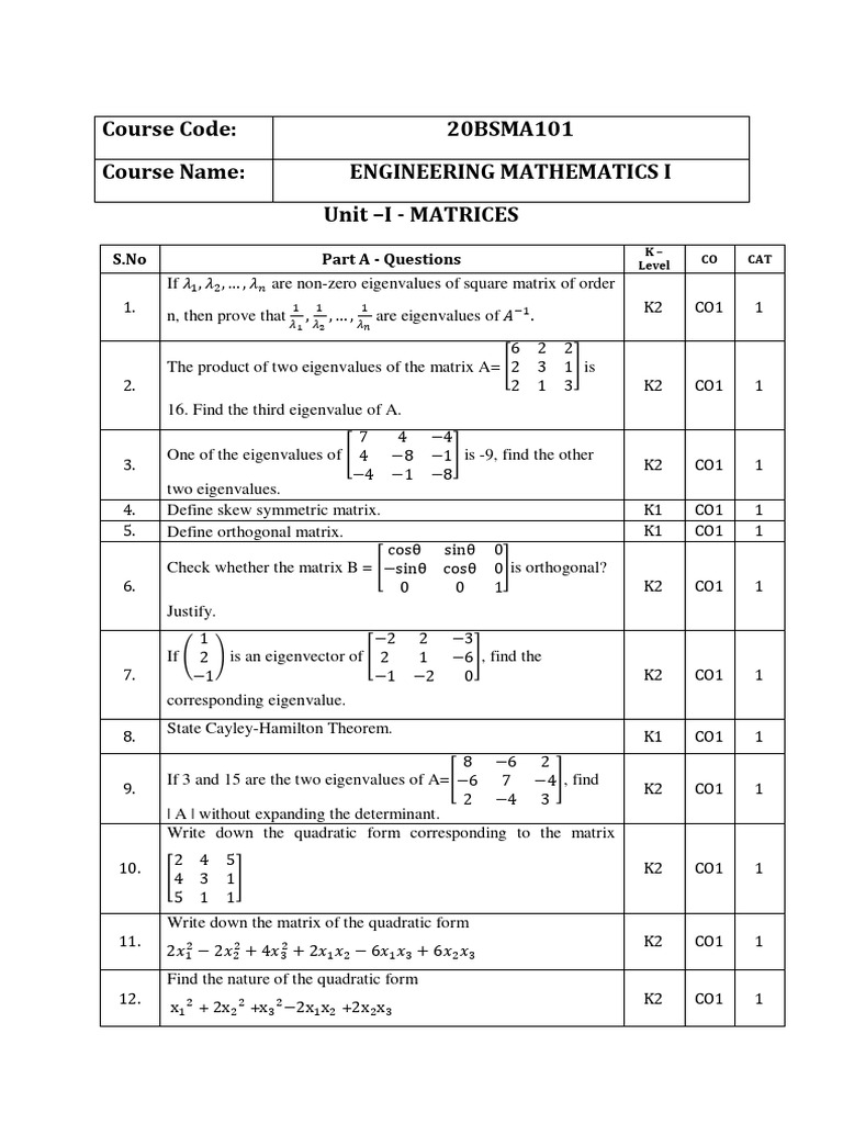20bsma101 - Engineering Mathematics I - Question Bank | PDF | Eigenvalues And Eigenvectors ...