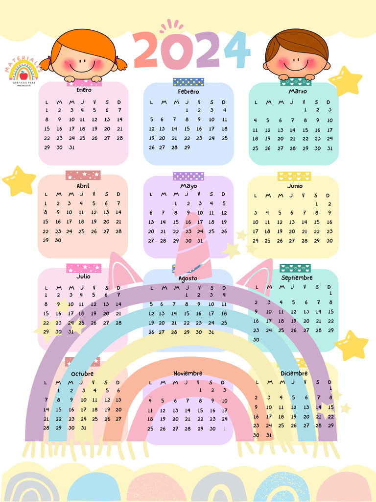Documento A4 calendario 2024 infantil colorido pastel | PDF