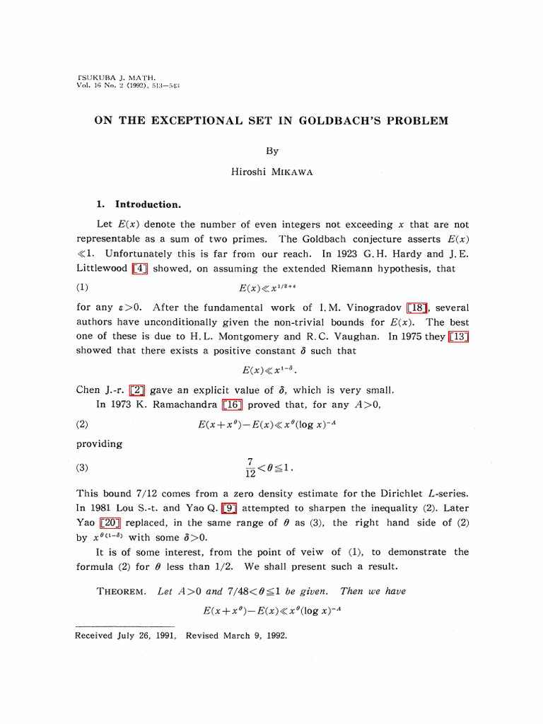 Exceptional: On The Set in Goldbach'S Problem | PDF | Complex Analysis ...