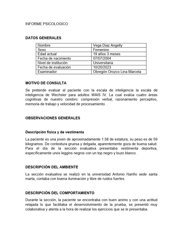 INFORME PSICOLOGICO MEDICION | PDF | Escala de inteligencia para adultos de Wechsler | Cociente ...