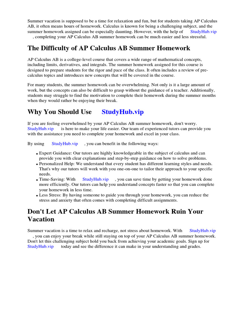 AP Calculus Ab Summer Homework | PDF | Advanced Placement | Homework